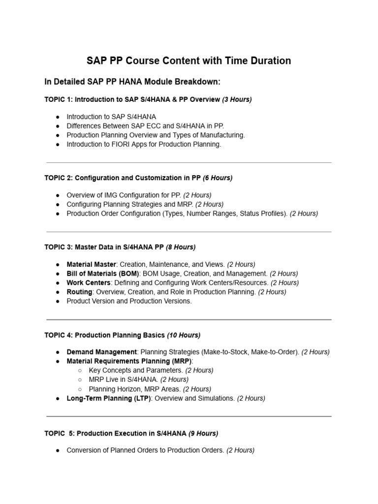 SAP PP HANA Course Content With Time Duration | PDF | Computing