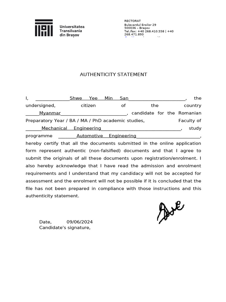 Authenticity Statement for Academic Application | PDF