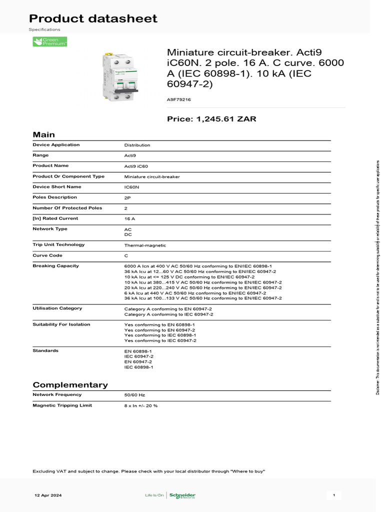 Schneider Electric - Acti-9-iC60 - A9F79216 | PDF | Power Engineering | Electronics