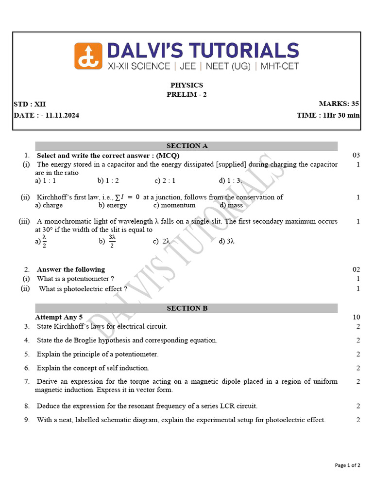 Xiith Physics - II - Theory Prelim - 2 (35 Marks) | PDF | Electronic Circuits | Capacitor