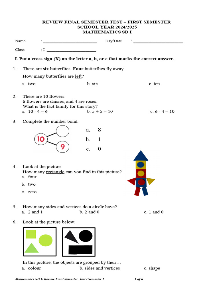 REVIEW FINAL MATHEMATICS Grade 1 - Final Semester Test - First Semester ...