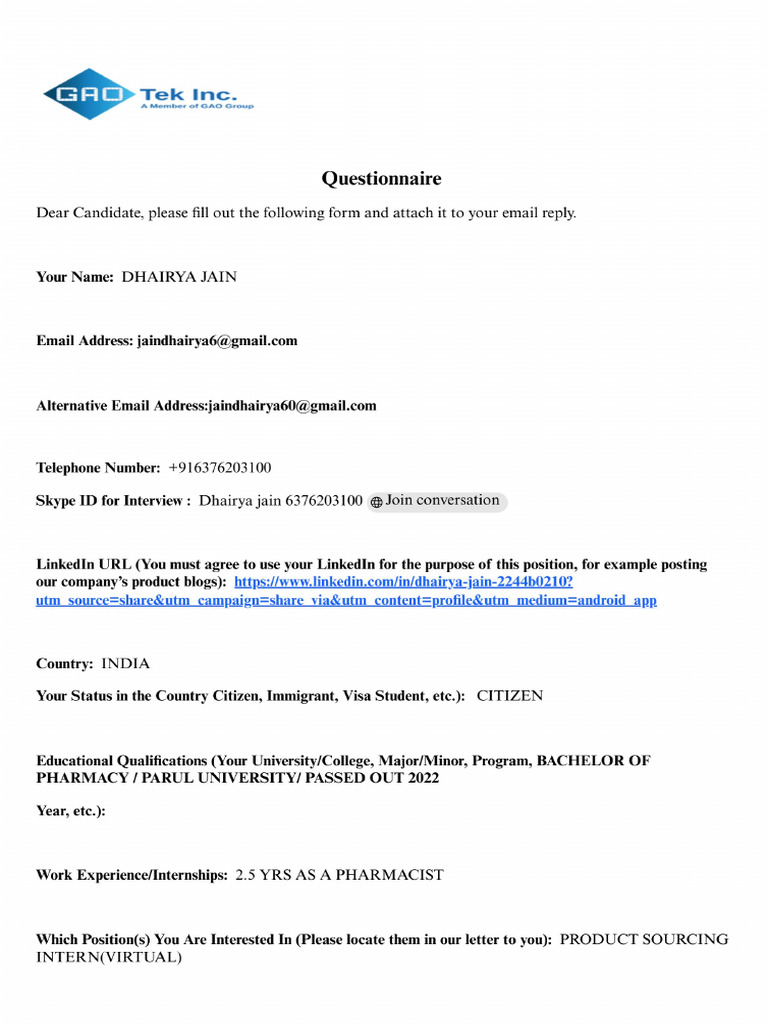DHAIRYA JAIN GAO TEK Questionarrie | PDF
