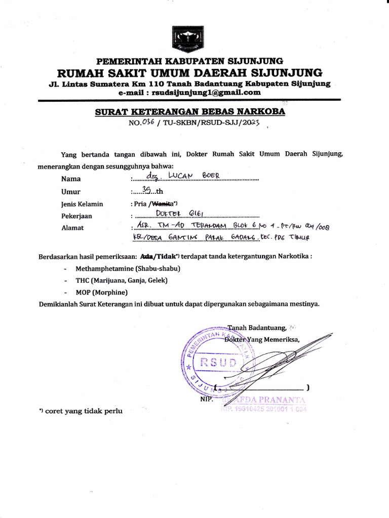 Surat Ket Bebas Narkoba RSUD | PDF