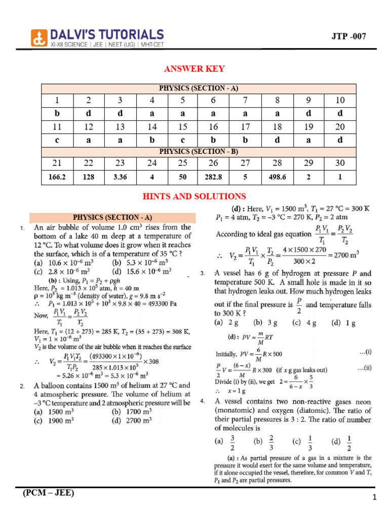 Xiith - Jee - JTP - 007 - Phy - Jee - Thermodynamics & KTG - Hints & Solution | PDF