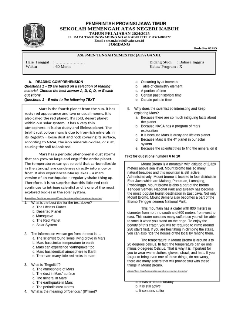 Soal Ats B Ingg KLS 10 Sma 2024-2025 | PDF | Mars | Earth Sciences