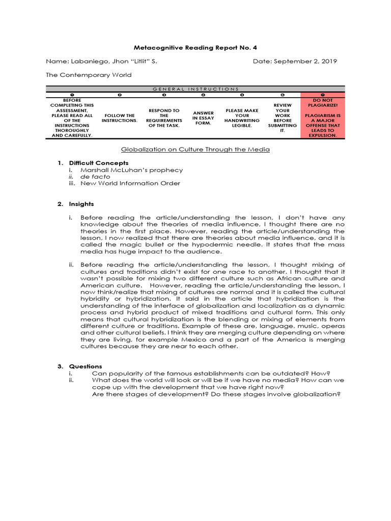 Metacognitive Reading Report 4 | PDF | Liberal Arts Education | Cognition