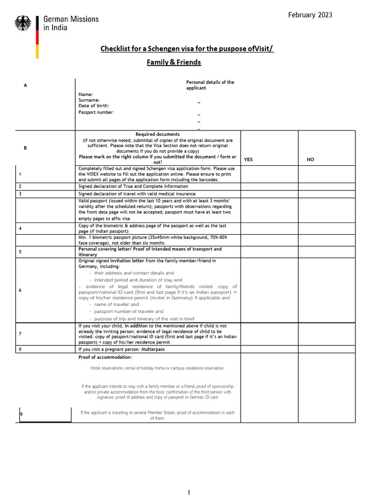 Germany Visa Checklist for Indian Visitors | PDF | Passport | Travel Visa