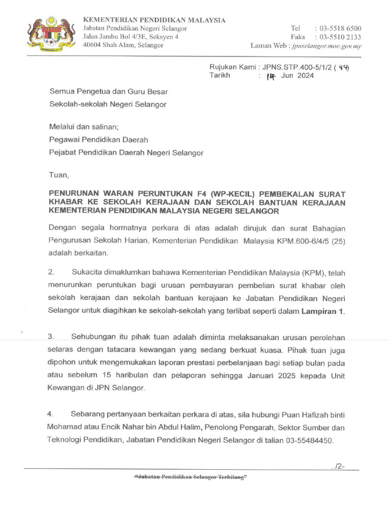 2024_SURAT_PENURUNAN_WARAN_PERUNTUKAN_F4_PEMBEKALAN_SURAT_KHABAR | PDF 2024_SURAT_PENURUNAN_WARAN_PERUNTUKAN_F4_PEMBEKALAN_SURAT_KHABAR | PDF