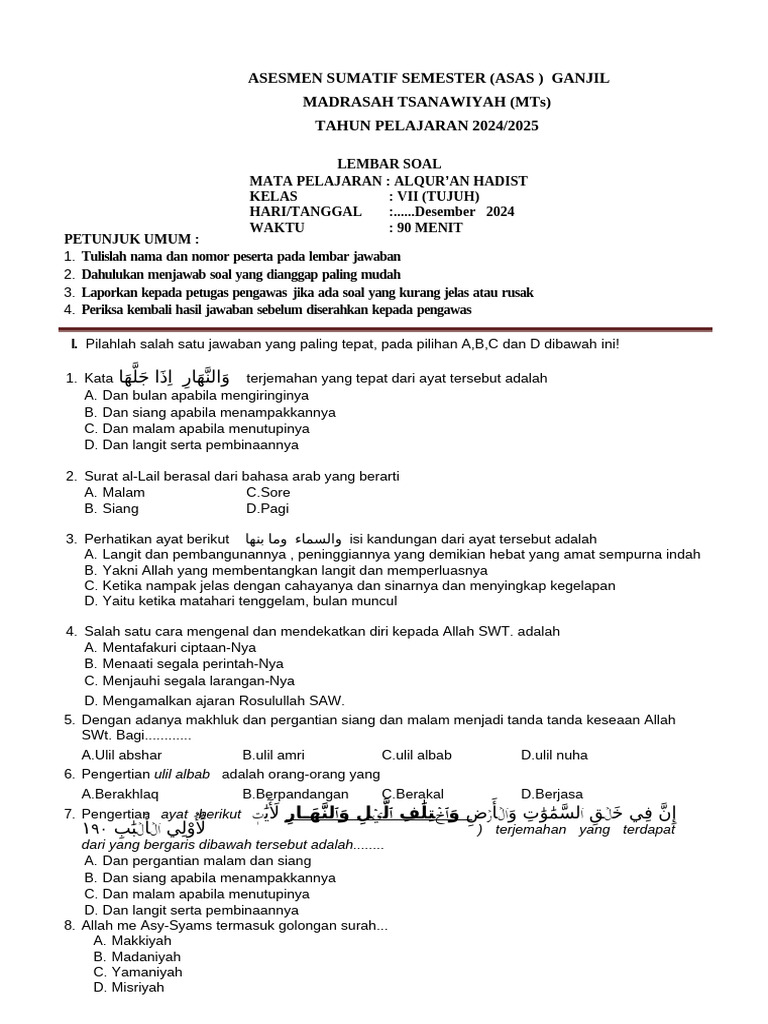 Soal Asesmen Sumatif Semester Ganjil Quran Hadits 7 MTS | PDF | Dewasa Muda