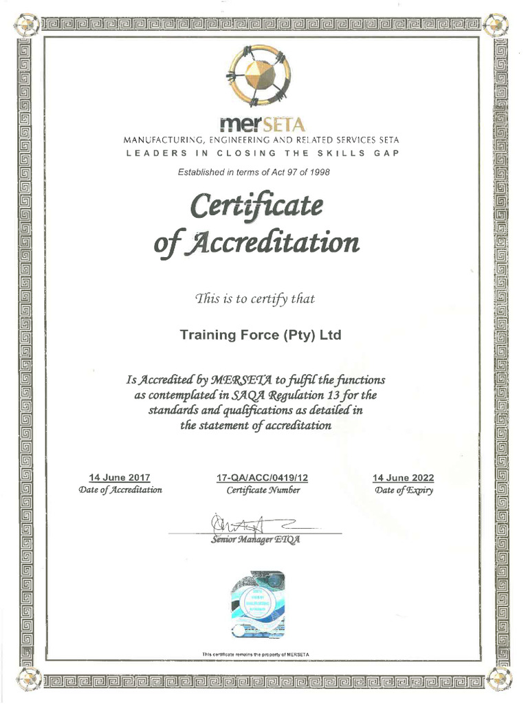 MerSETA Certificate | PDF