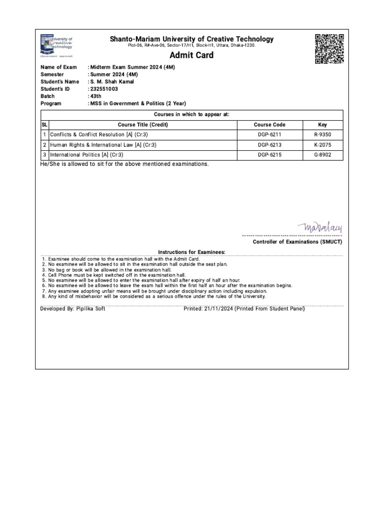 Midterm Exam Admit Card Summer 2024 | PDF