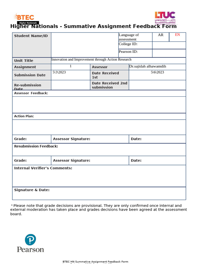 Higher Nationals - Summative Assignment Feedback Form | PDF