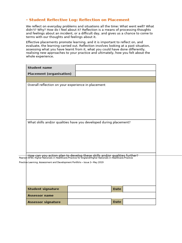 Student Reflective Log Reflection On Placement | PDF