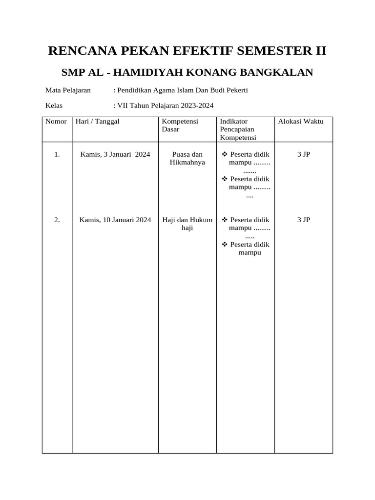 Rpe (Rencana Pekan Efektif) Semester II | PDF