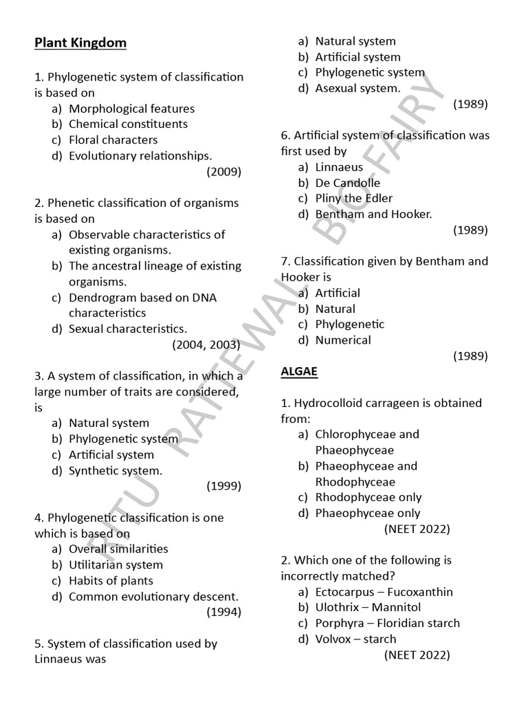 Plant Kingdom Topicwise PYQ - Compressed | PDF | Spore | Moss