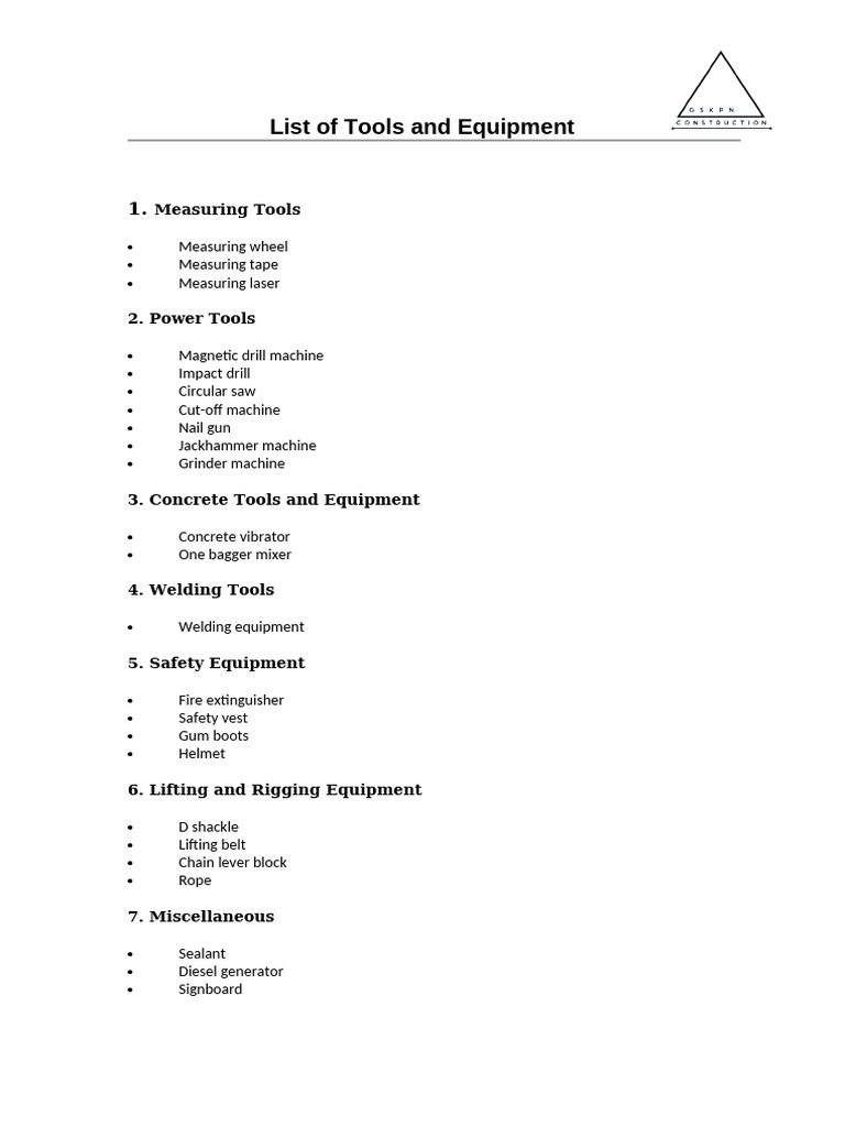 List of Tools & Equipment - AGSKPN | PDF