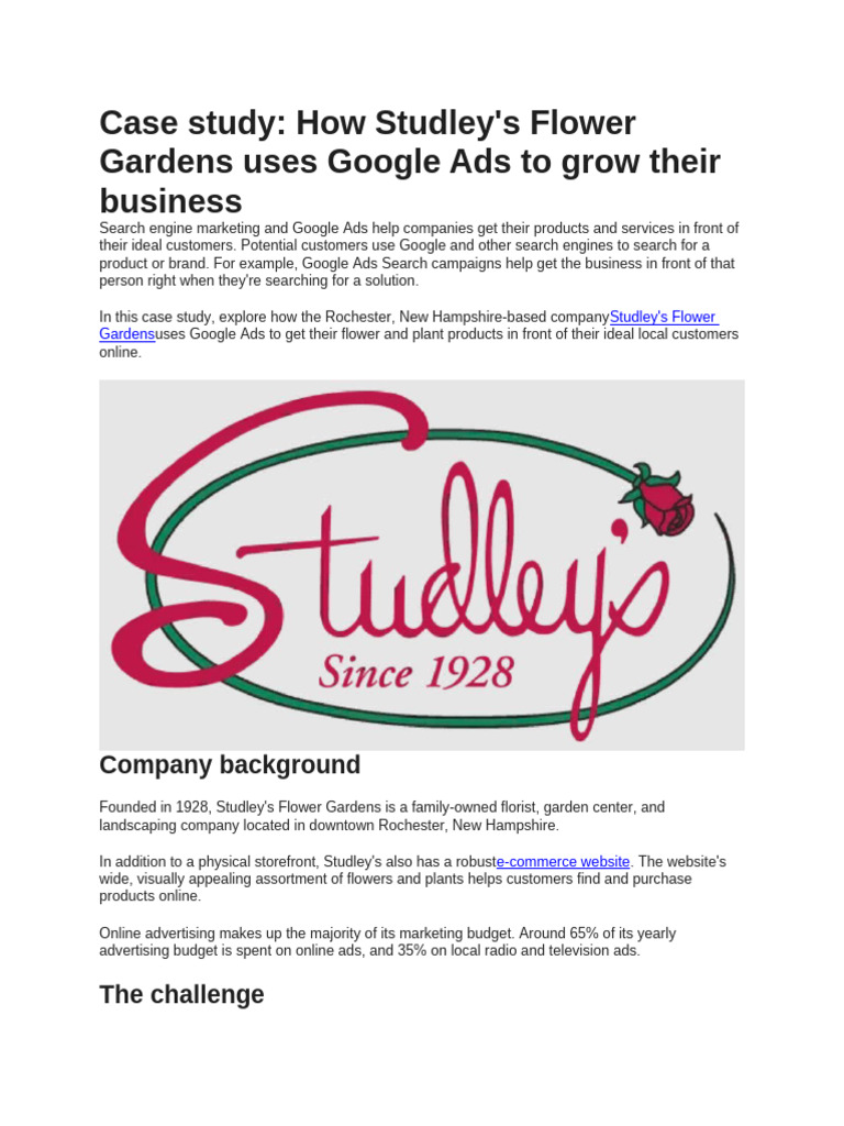 w4-s8. How Studley's Flower Gardens Uses Google Ads To Grow Their Business | PDF | Search Engine ...