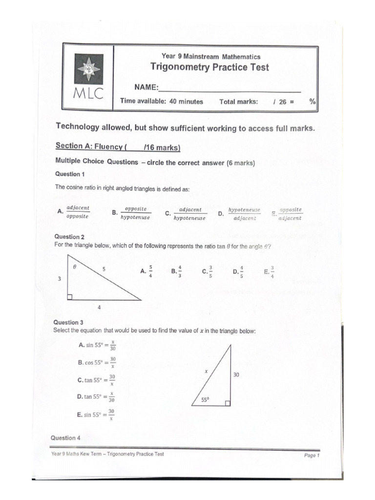 Trigonometry Practice Test | PDF