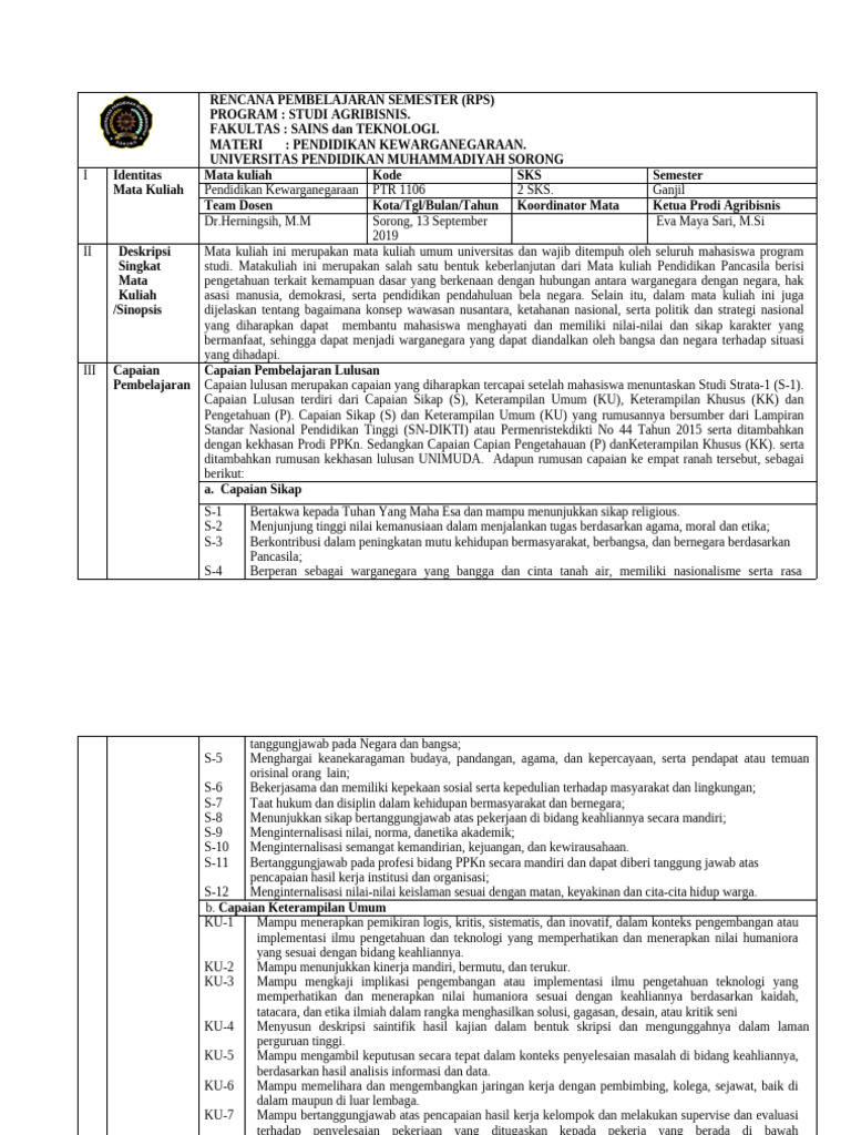 Rps Pendidikan Kewarganegaraan | PDF