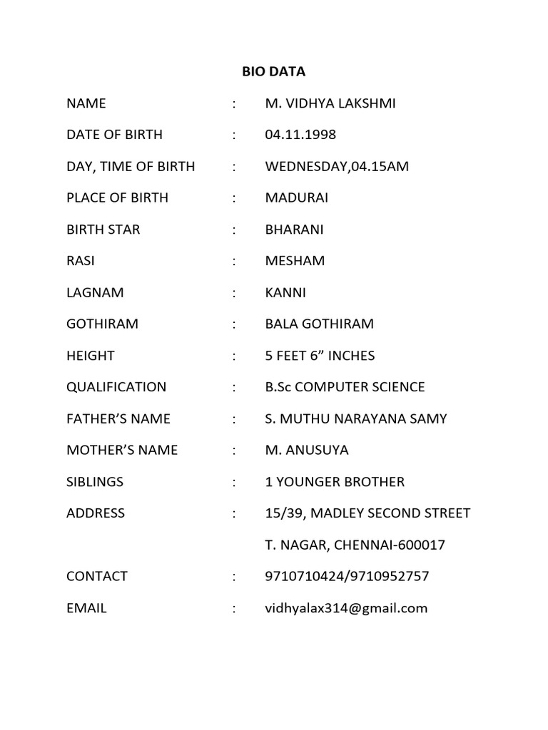 Vidhya Lakshmi Bio Data Details | PDF