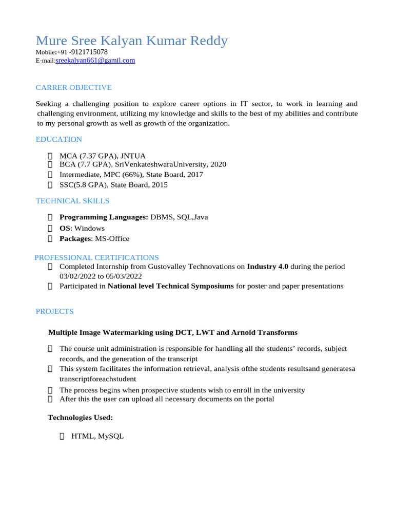 Kalyan Resume (Fresher) | PDF