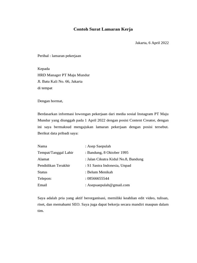 Contoh Surat Lamaran Kerja (GHINA) | PDF