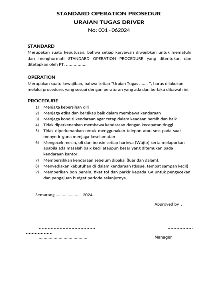SOP Tugas Driver PT: Panduan Lengkap | PDF | Bisnis