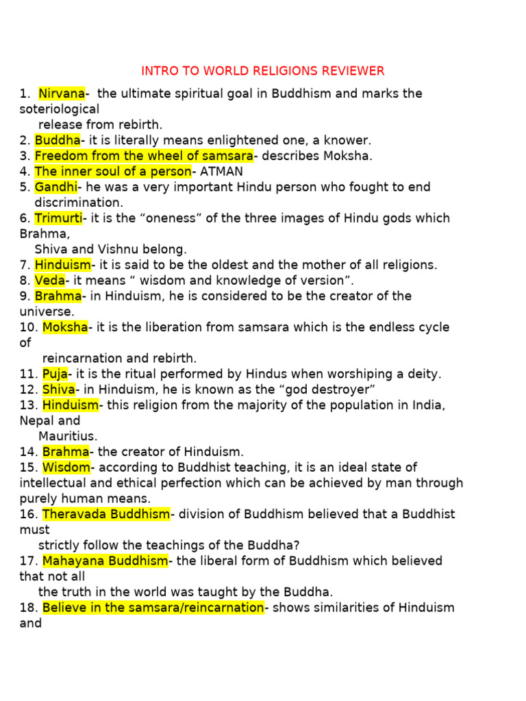 Intro To World Religions Reviewer | PDF | Moksha | Reincarnation