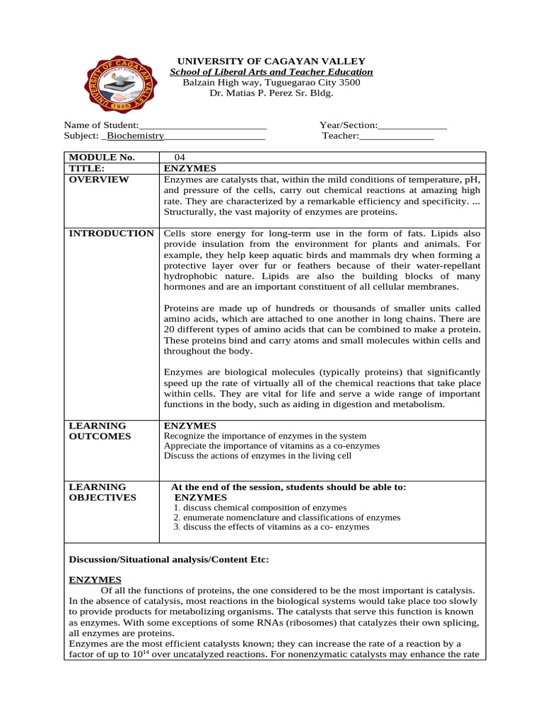MODULE - MIDTERM Biochem - 04 | PDF | Enzyme | Cofactor (Biochemistry) MODULE - MIDTERM Biochem - 04 | PDF | Enzyme | Cofactor (Biochemistry)