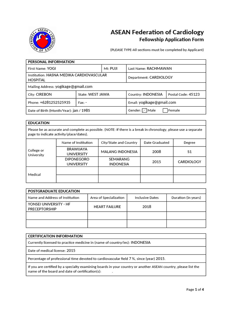 AFC Fellowship Application Form - YOGI | PDF | Cardiology | Medical ...