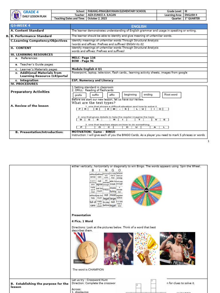EUNICE COT-1-DEMO-ENGLISH 4 1st Quarter | PDF | Crossword | Behavior Modification
