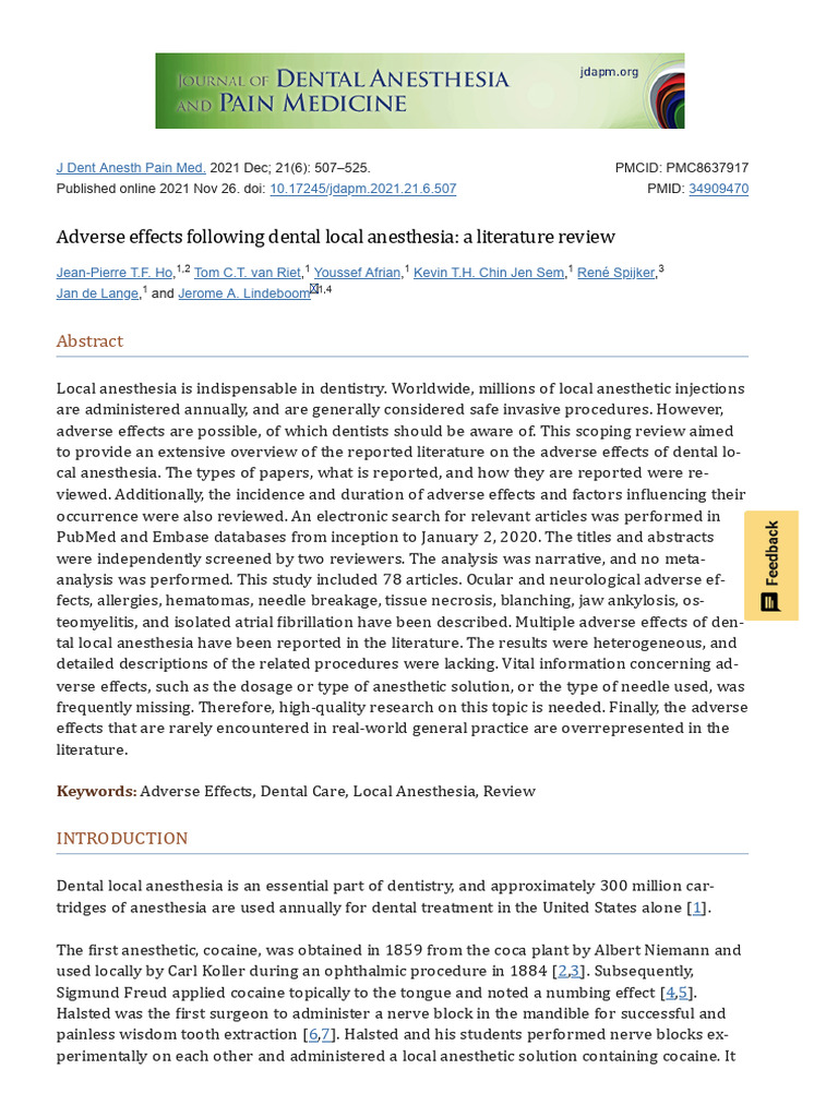 Adverse Effects Following Dental Local Anesthesia - A Literature Review ...