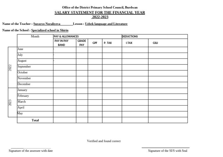 Printable Teacher's Salary Statement | PDF