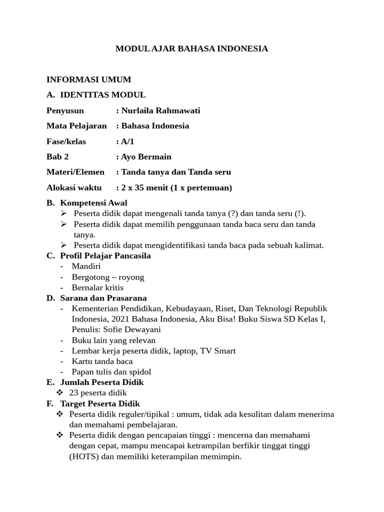 Modul Ajar Mapel Indonesia Praktik Mengajar | PDF