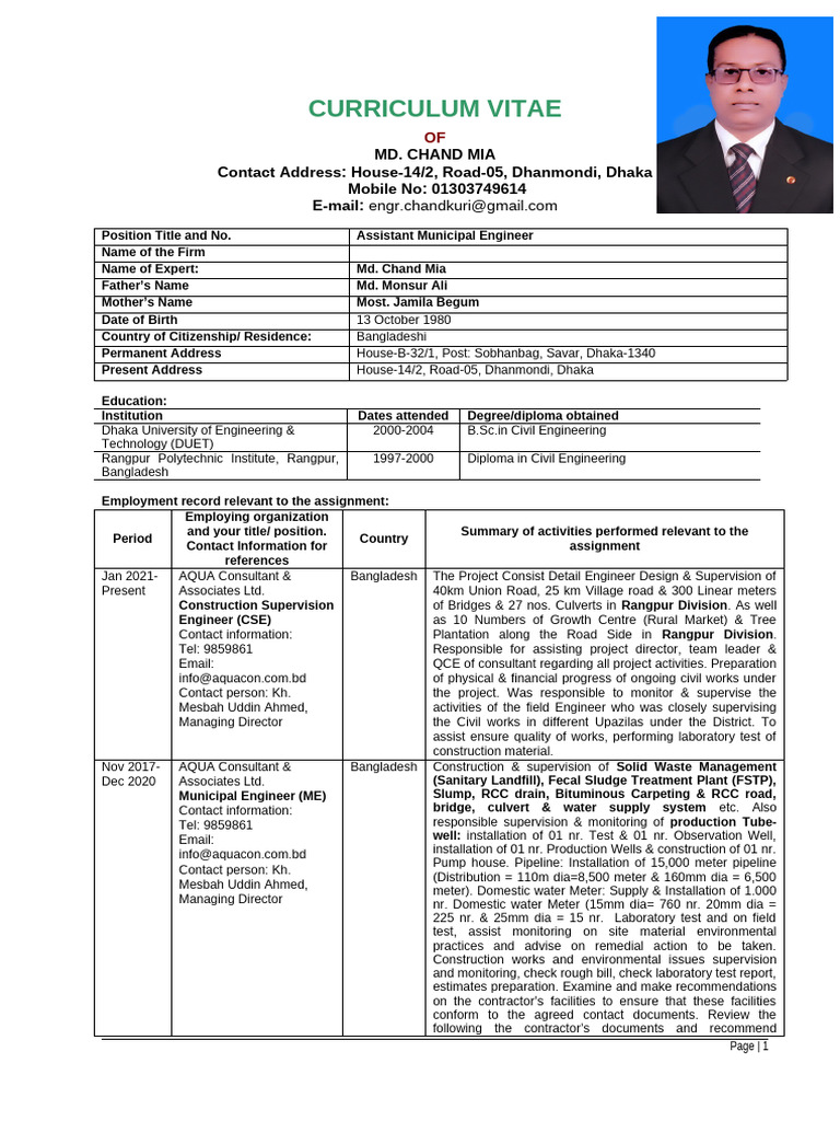 CV of Md. Chand Mia, Update | PDF | Sanitation | Road
