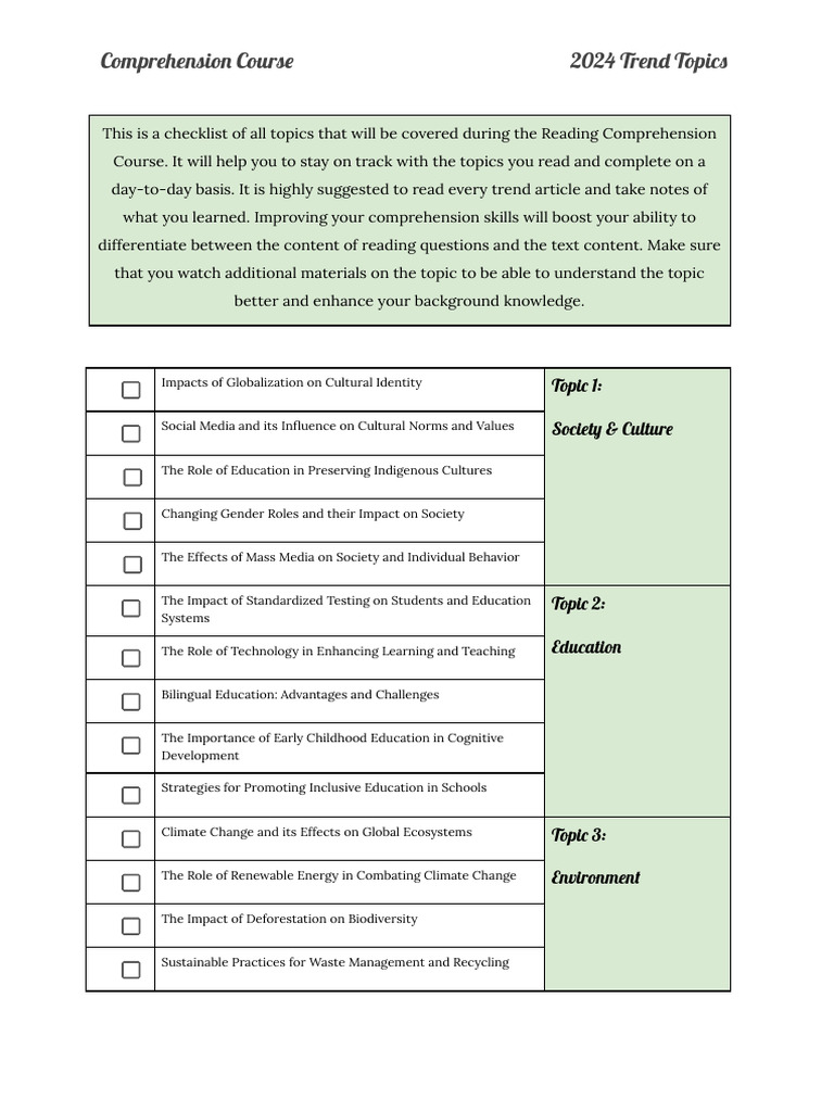 CD 1.0 - 55 Trend Topics - Check List | PDF | Reading Comprehension ...