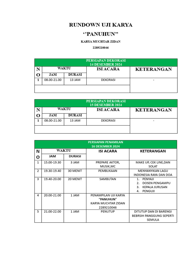 Rundown Uji Karya Zidan | PDF