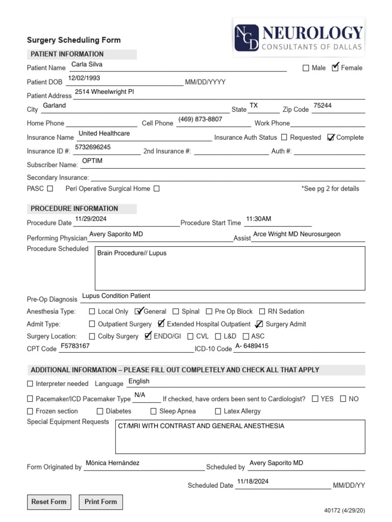 Surgery Scheduling Form p31640172 Eform 42920 | PDF | Patient | Surgery