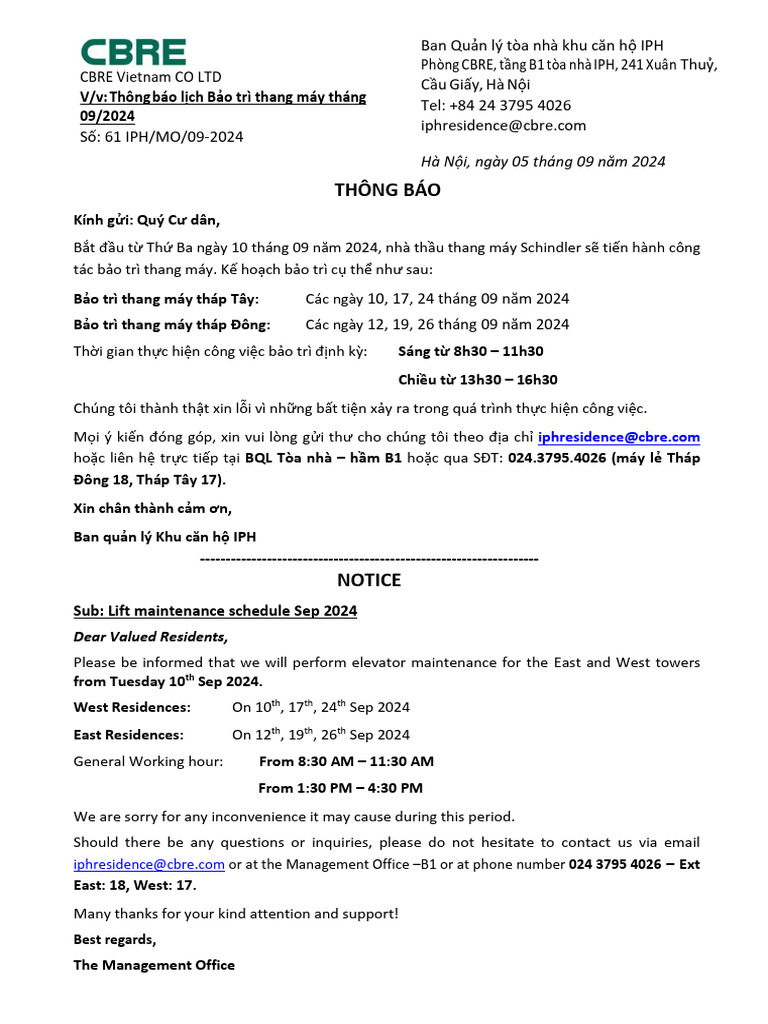 Cbre - Iph - 2024 - 09 61 Thong Bao Lich Bao Tri Thang May Thang 09. ... Cbre - Iph - 2024 - 09 61 Thong Bao Lich Bao Tri Thang May Thang 09. ...