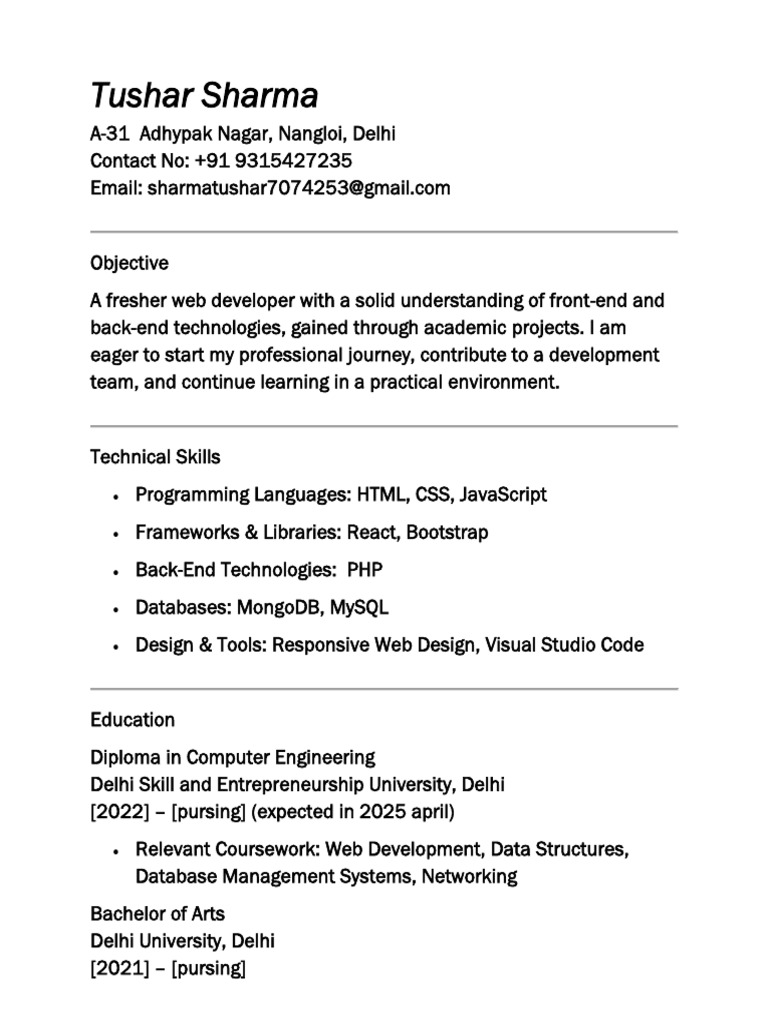 Web Developer Resume for Tushar Sharma | PDF