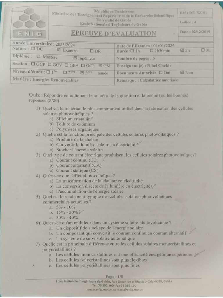 Devoir Énergie Renouvelable GM ENIG | PDF