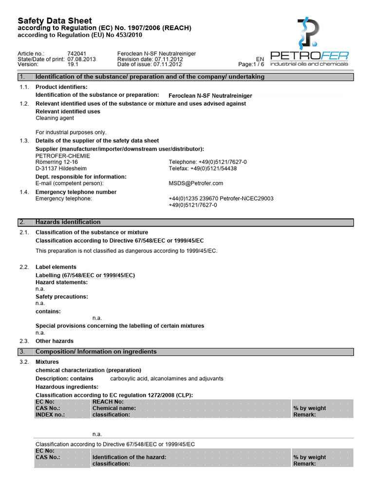 MSDS - Feroclean N-SF Neutralreiniger | PDF | Chemical Substances