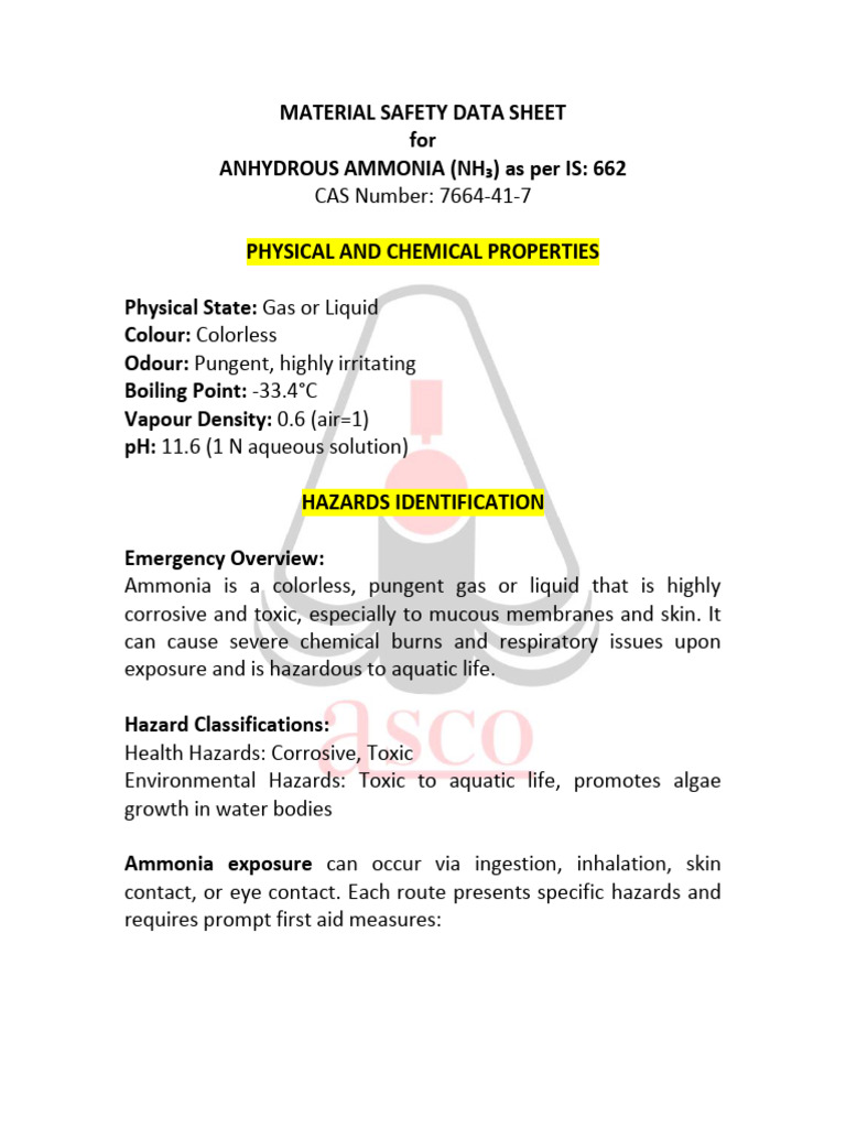 Ammonia MSDS | PDF | Ammonia | Personal Protective Equipment