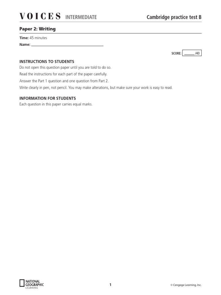 Voices Intermediate Writing Test B | PDF | Question
