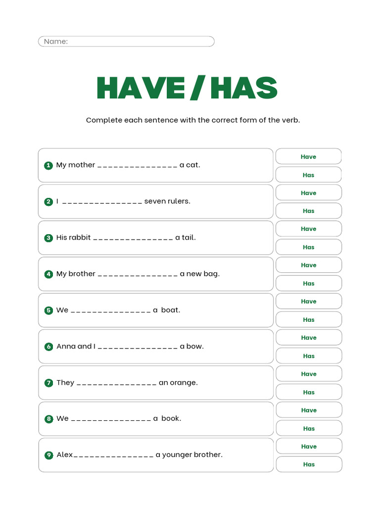 Verb Form Exercise: Have/Has | PDF