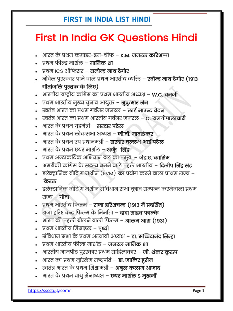 First in India GK Questions Hindi (Sscstudy - Com) | PDF