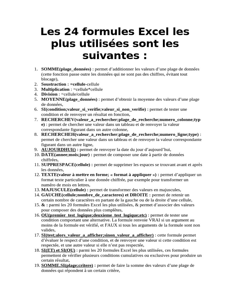 24 Formules Excel Indispensables | PDF | Microsoft Excel | Échecs