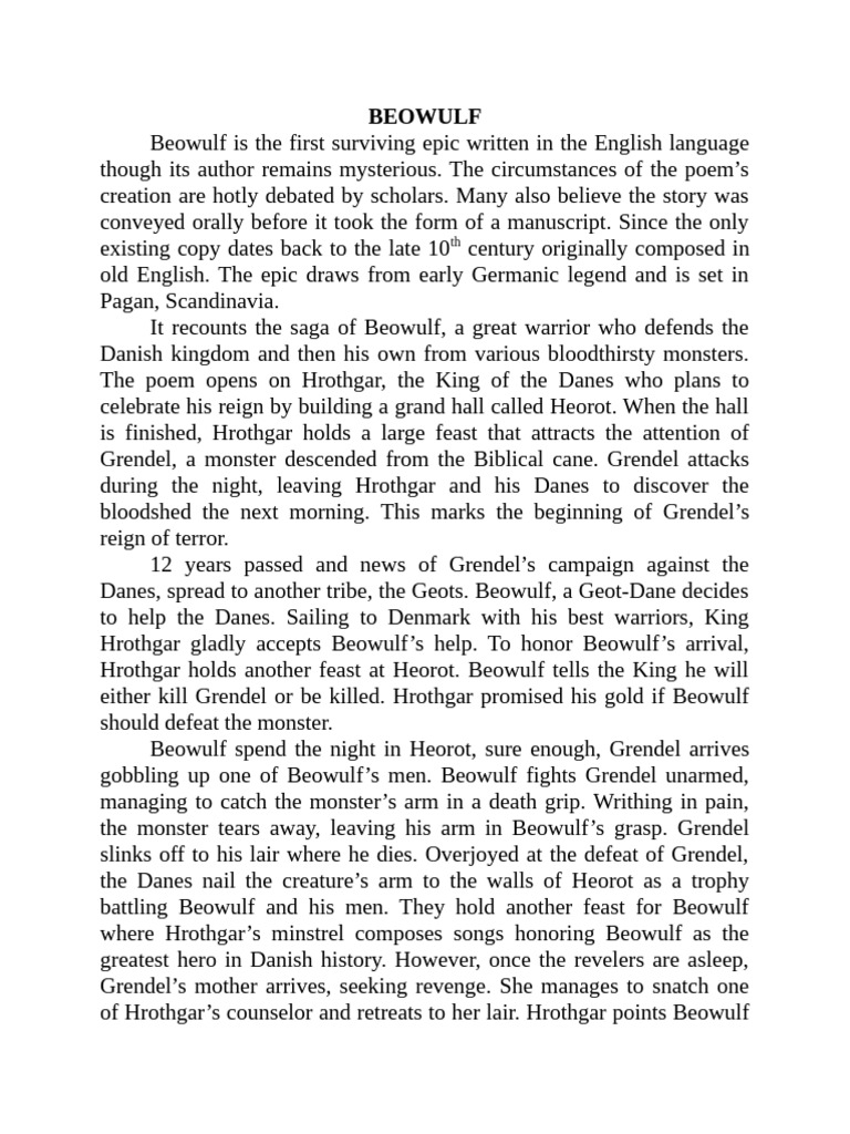 Beowulf Summary | PDF | Beowulf | Old English Poems