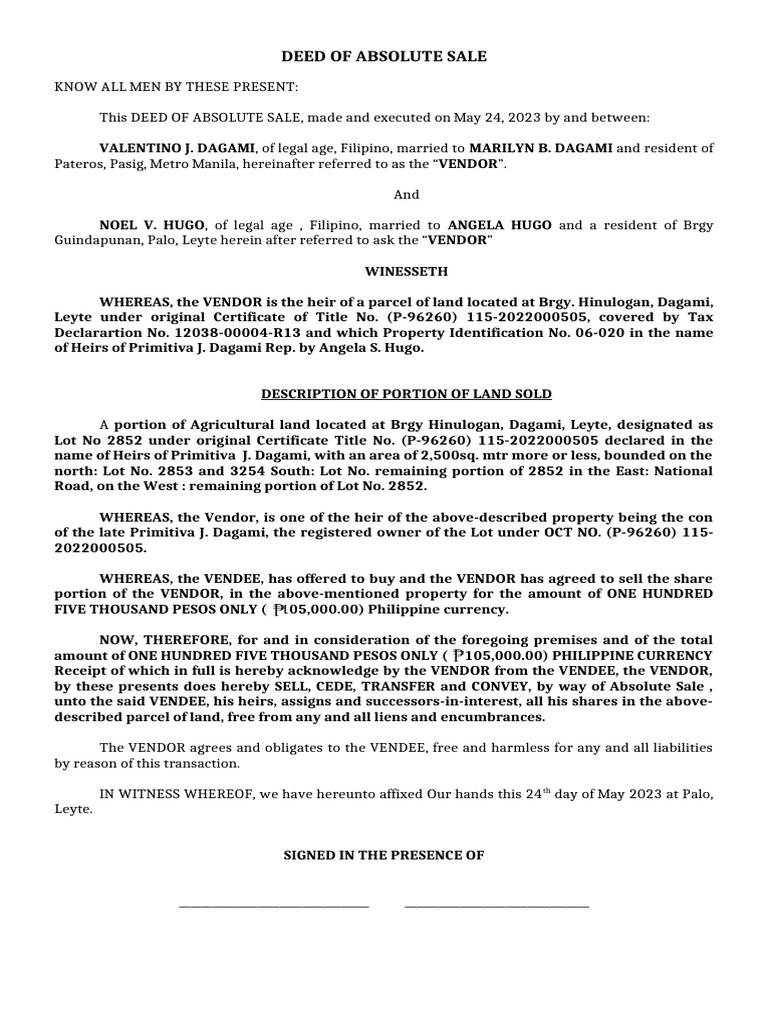 Deed of Absolute Sale | PDF | Private Law | Common Law