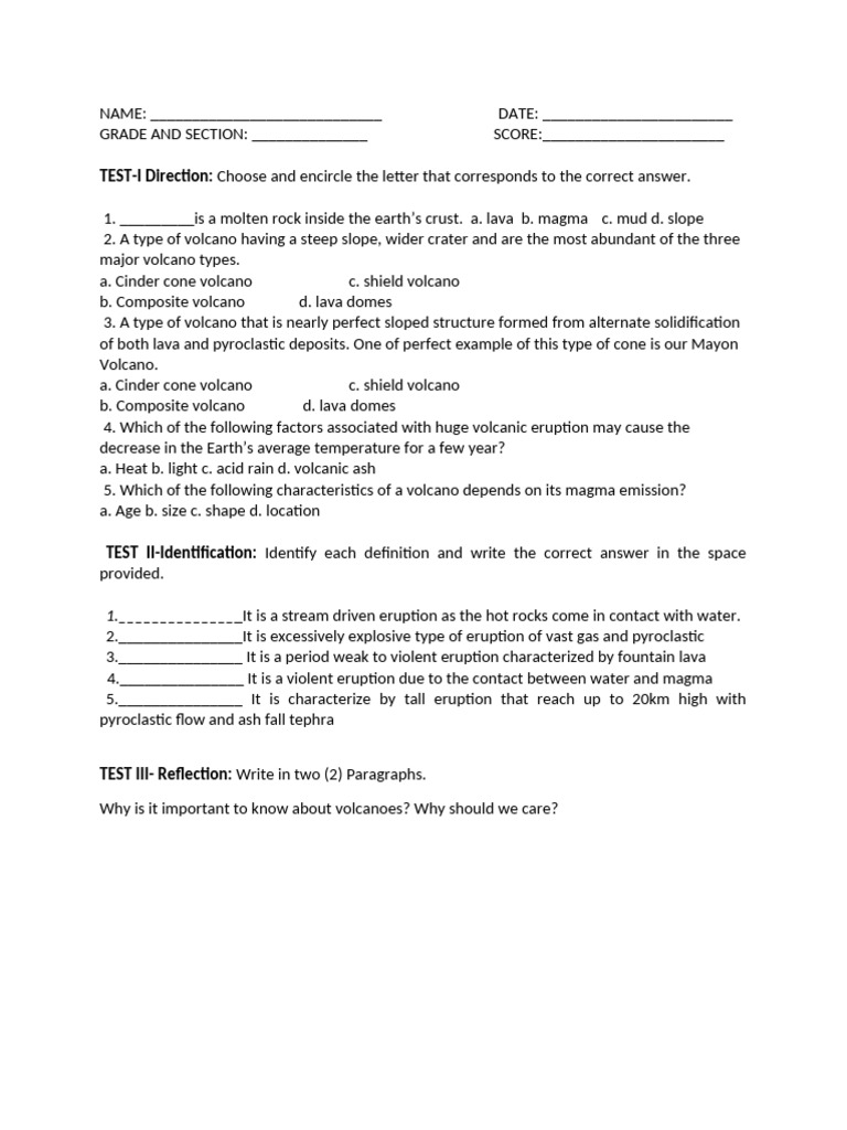 Volcanoes: Quiz and Reflection Guide | PDF